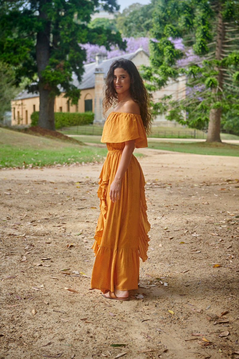 Carmen Frill Maxi Dress | Burnt Orange | Harla | Boho Dresses Online