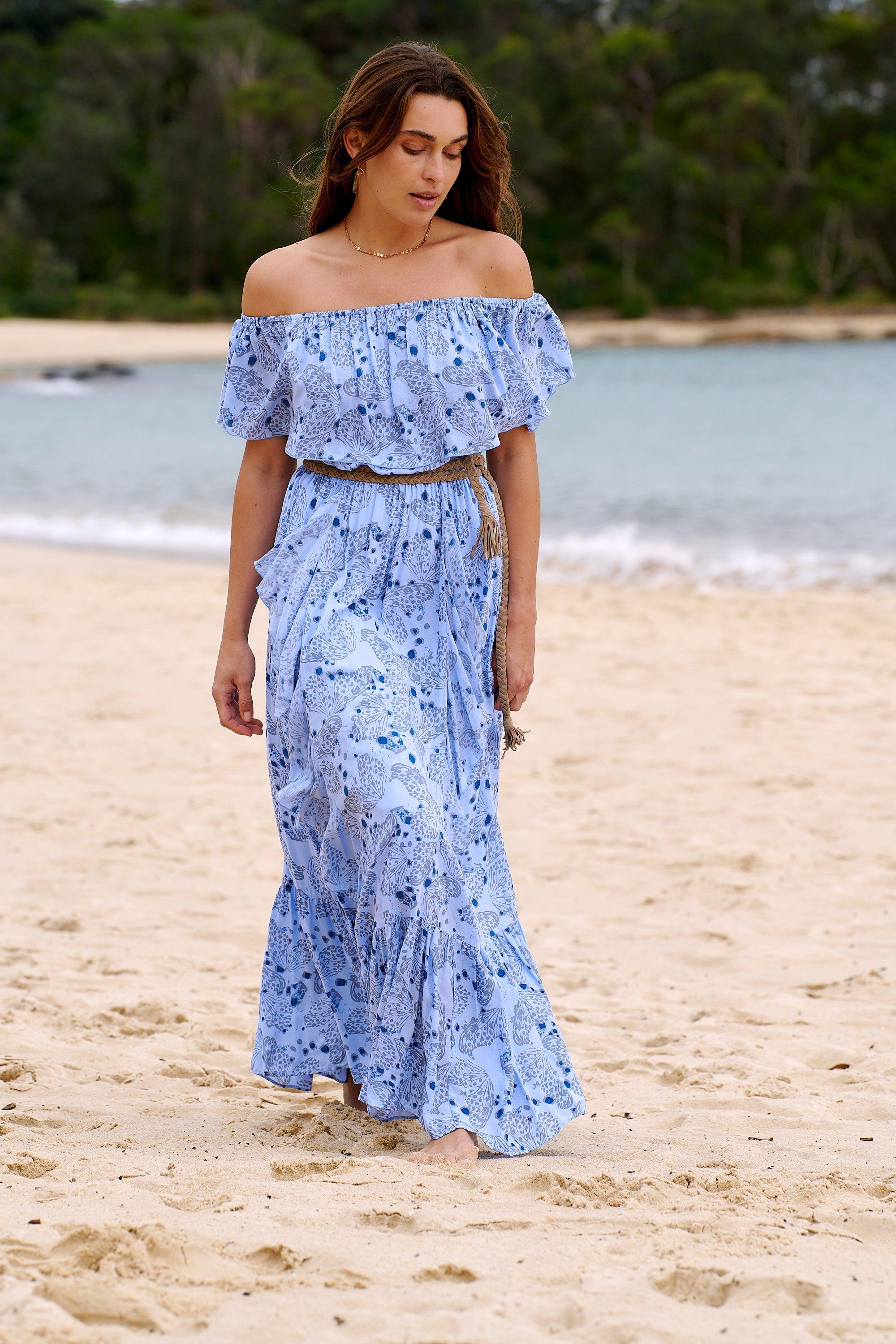 Carmen Frill Maxi Dress | Baby Blue Butterfly | Harla | Boho Style