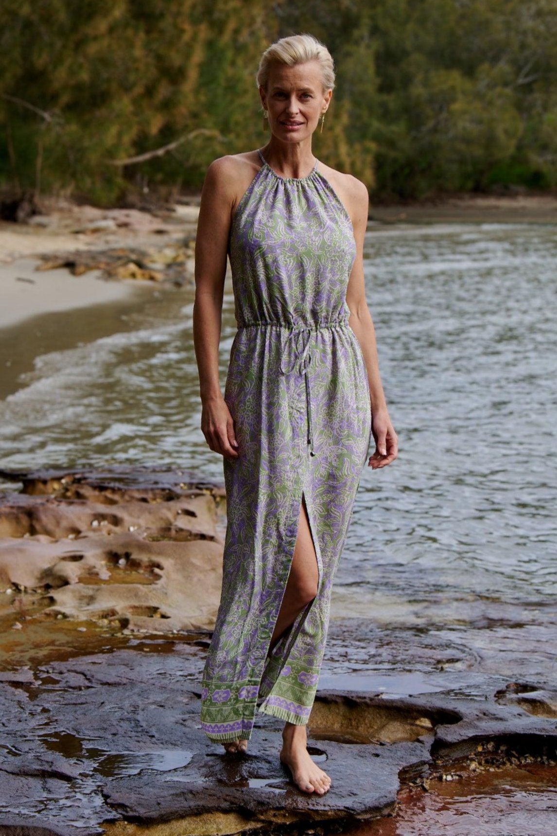 Lyla Drawstring Halterneck Dress | Sage Batik | Harla | Boho Style