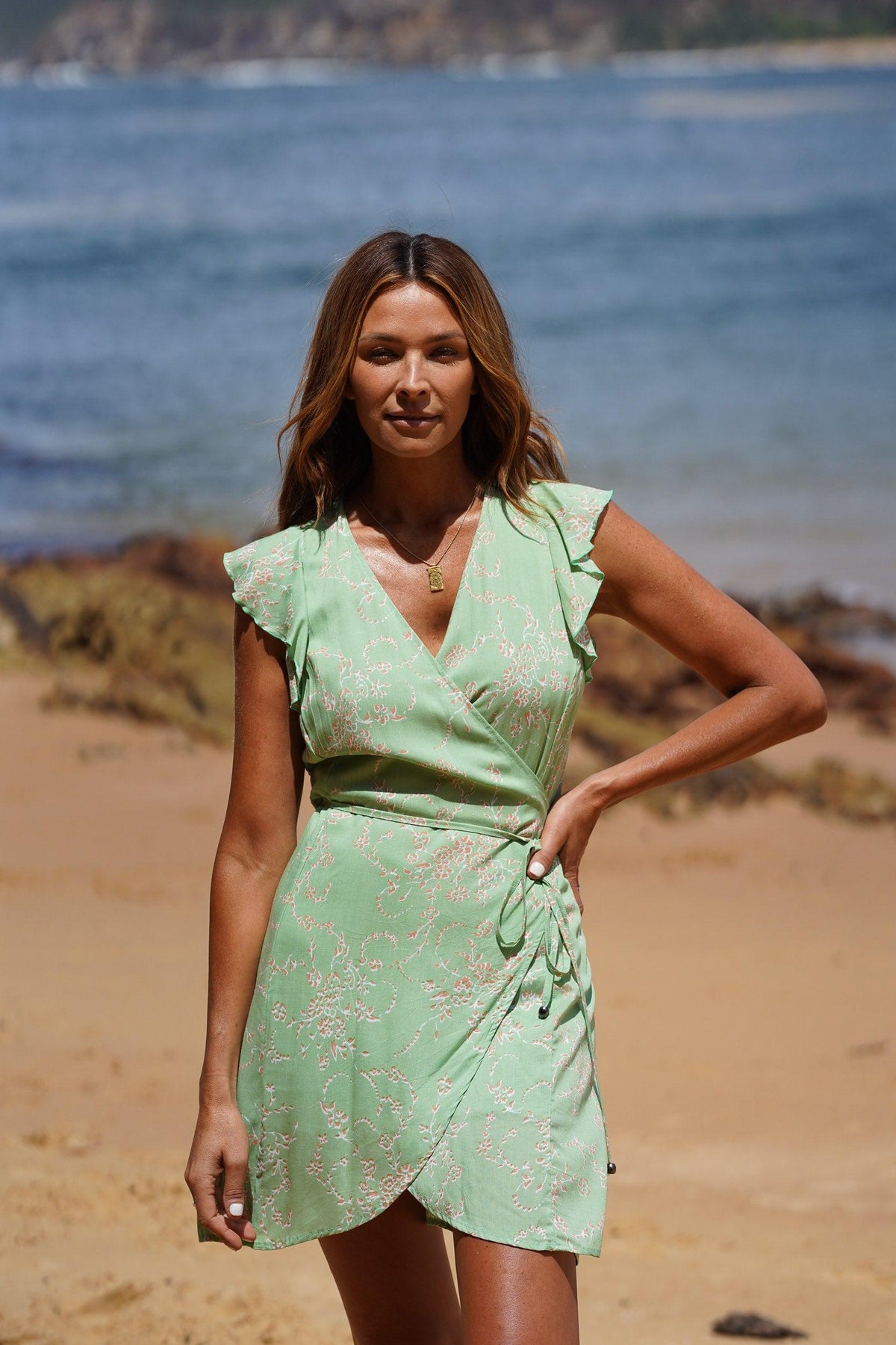 Harla | Mia Mini Wrap Dress ~ Lime Splice and Pink | Boho Style